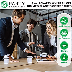 PARTY BARGAINS 8 oz Royalty White Silver Rimmed Plastic Coffee Cups with Handles - [32 Pack] Disposable Plastic White Tea Cups, for Weddings, Bridal Showers, Engagement Parties, Camping