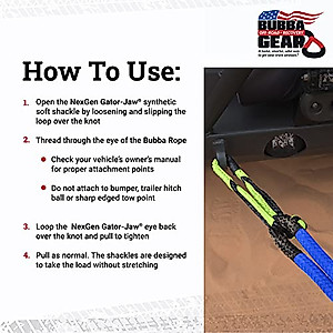 Bubba Rope Heavy-Duty Off-Road ATV, UTV & SxS Tow Recovery Gear Set – Power Stretch Recovery Rope, 5/8” x 20’ & NexGen PRO Gator-Jaw Synthetic Shackles, 5/16” x 5 .5” Orange