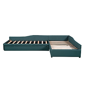 CITYLIGHT Upholstered L-Shaped 2 Twin Beds with Trundle and Storage Drawer, Wood Linen Corner Bed for Kids Girls Boys Teens Bedroom, Green