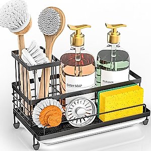 Cisily Sink Caddy Kitchen Sink Organizer, Sponge Holder for Kitchen Sink with Removable Drip Tray for Countertop Dish Soap Holder Dispenser Higher Brush Holder, 304 Stainless Steel Accesorios