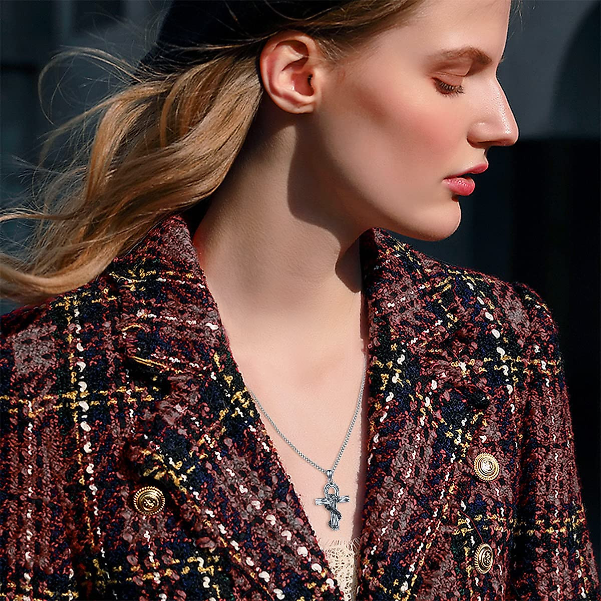 PDTJMTG Ankh Necklace Sterling Silver Egyptian Ankh Snake Cross Pendant with Stainless Steel Chain Gift for Men Women