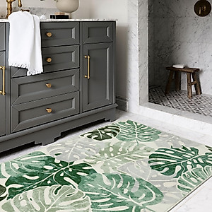 Wonnitar Monstera 3x5 Washable Rug,Sage Green Leaf Area Rugs for Bedroom,Non-Slip Living Room Throw Rug Entry Mat,Low Pile Faux Wool Indoor Carpet for Kitchen Bathroom Office