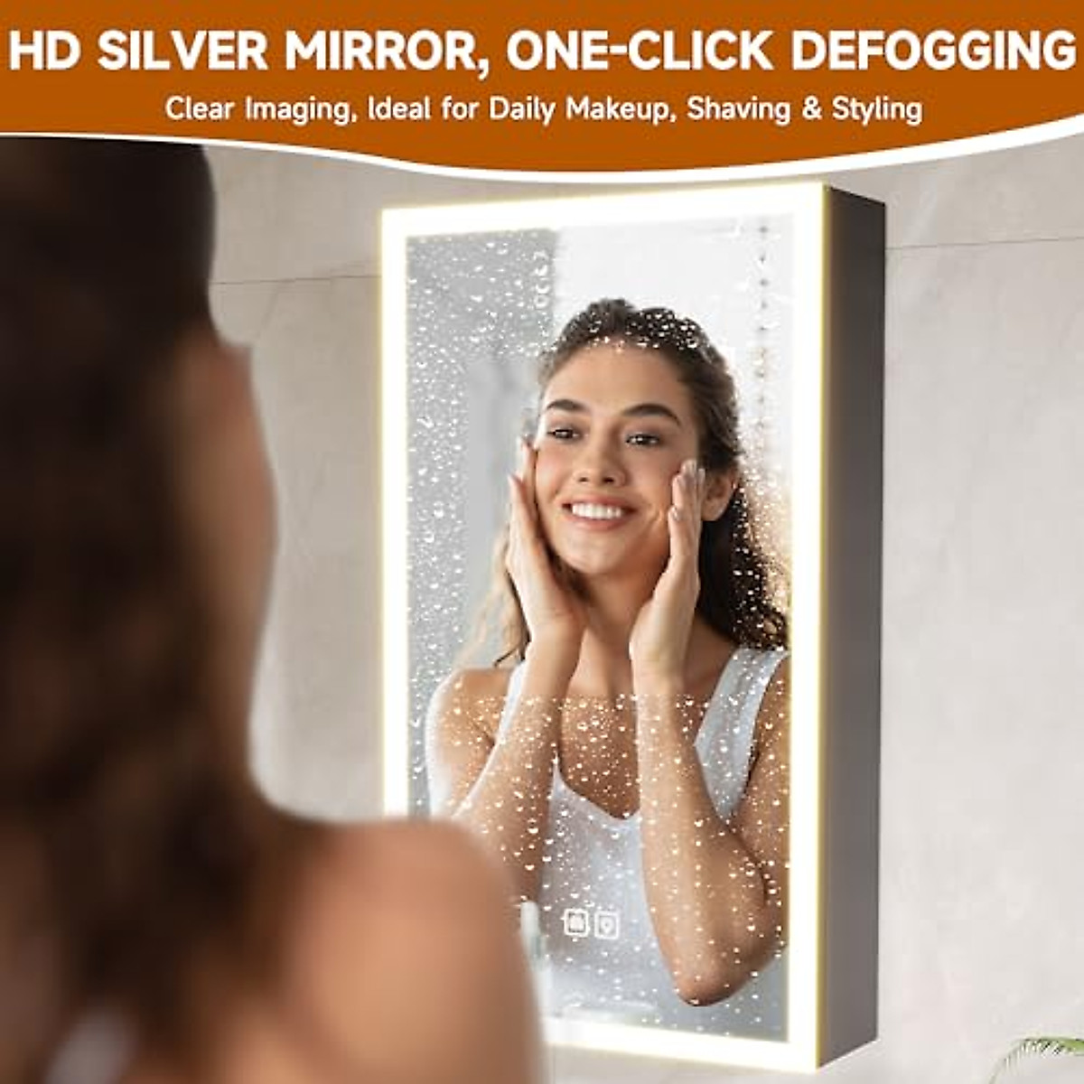 Seenvlog Bathroom Medicine Cabinet with Lights, 15.7" x 27.5" LED Mirror Cabinet, 3-Color Temp, Black Bathroom Storage Cabinet Anti-Fog, Wall Mount