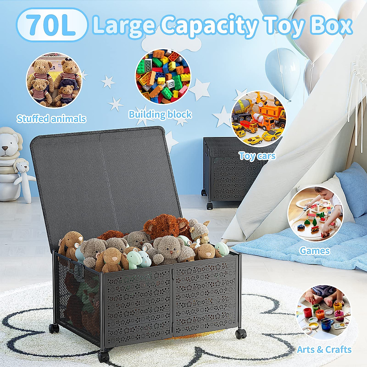 PHINOX Toy Box Storage, Toy Chest Toy Organizers and Storage Bins, Large Toy Box for Boys Girls, 70L Toy Storage Organizer with Wheels, Collapsible Metal Kids Toy Storage for Nursery, Playroom-2PACK