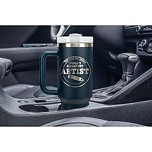 100 North | 40 oz Stainless Steel Double Wall Insulated Travel Tumbler With Handle, Straw, and Lid, World's Greatest Artist Navy Blue