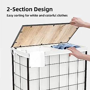 Laundry Hamper with Wheels, 110L(29 Gal.) Large Clothes Hamper with Wood Lid and Wicker Bottom, Rolling Laundry Sorter with Removable Liner Bag for Living Room, Bedroom