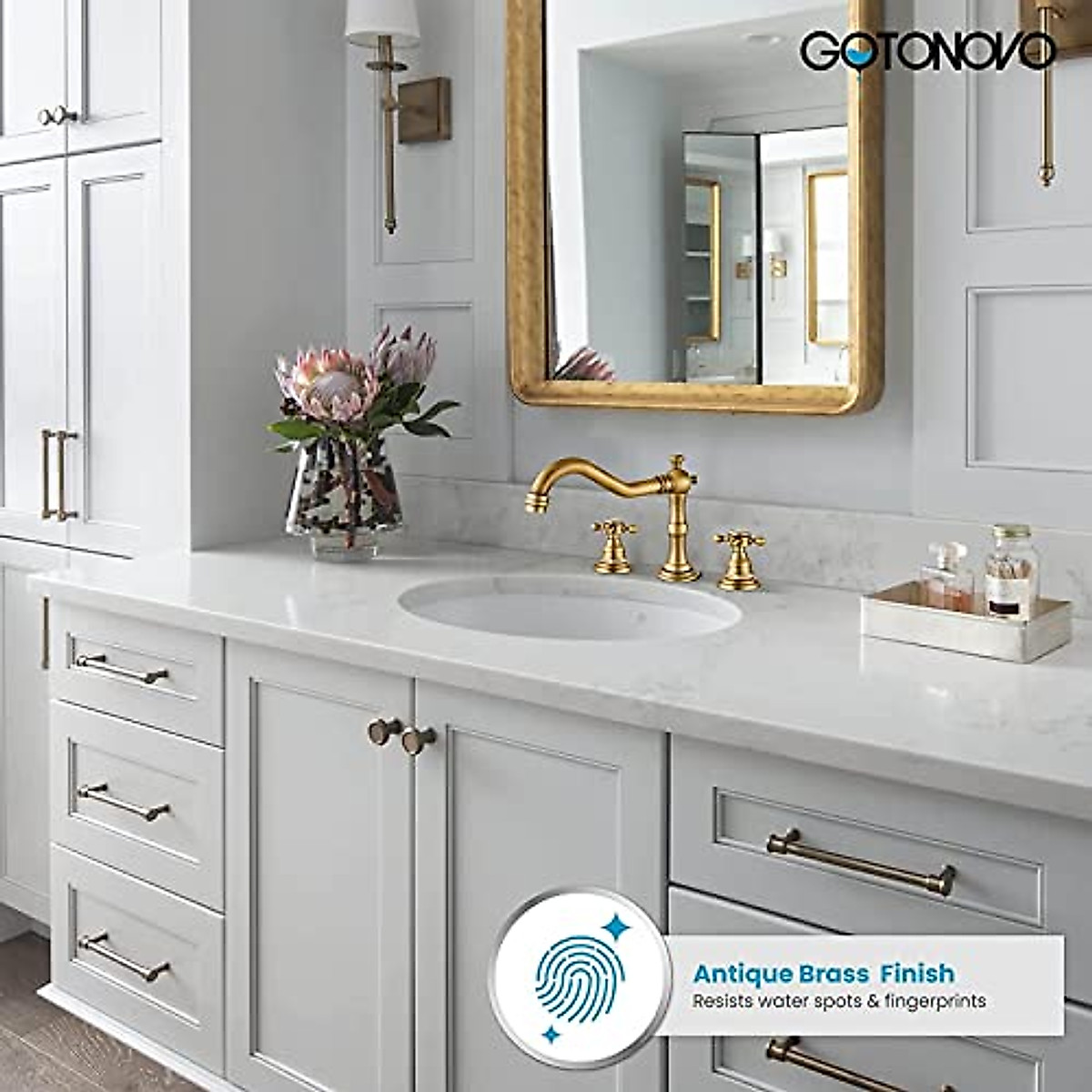 gotonovo 3-Hole Widespread Bathroom Faucet Double Cross Handle Mixer Tap for Bathroom Sink Deck Mount Hot Cold Water Matching Pop Up Drain with Overflow Antique Brass Victorian Spout