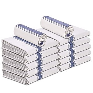 TALVANIA Kitchen Dish Towels 100% Cotton White Flour Sack Tea Cloth with Blue Herringbone Stripe, Pack of 12 Perfect Classic Dish Towel 15” x 25” Dishcloths for Bars Kitchens Counters etc.
