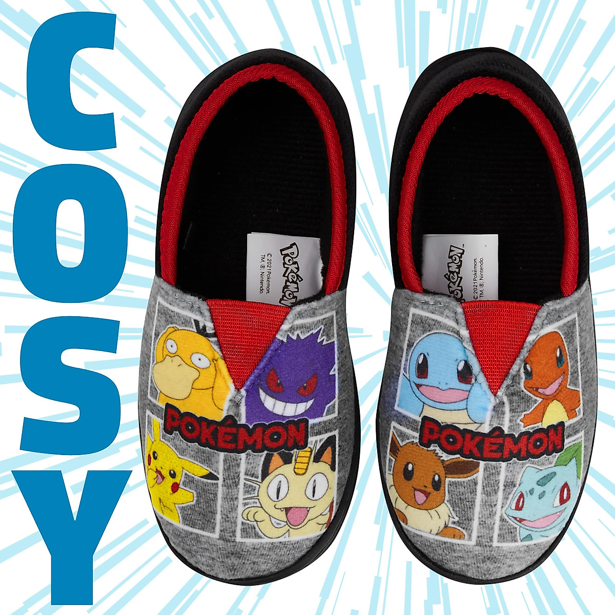 Pokemon Boys Slippers, Pikachu Bulbasaur Soft Kids Shoes, Gifts for Boys(Black/Red, 12.5 US)