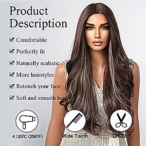 Allbell Honey Brown Long Wavy Wigs for Women 24 Inch Brown Highlights Middle Parting Curly Wig Natural Looking Heat Resistant Synthetic Hair Replacement