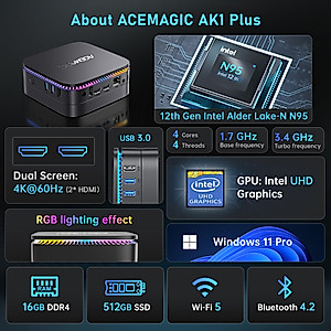 Mini PC RGB AK1 Plus, Intel N95(up to 3.4GHz) 12th Gen Processor Mini Desktop Computer, 16GB RAM 512GB SSD, Dual 4K HDMI, Windows 11 Small PC, 2.4/5G WiFi, Bluetooth, Business/Office/HTPC