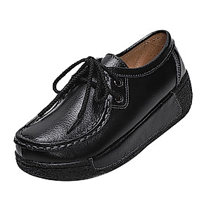 MOYOWEI Women's Leather Platform Wedge Sneakers,Comfort Moc Toe Non-Slip Softsole Lace-up Casual Walking Loafers Boat Shoes (6,Black)