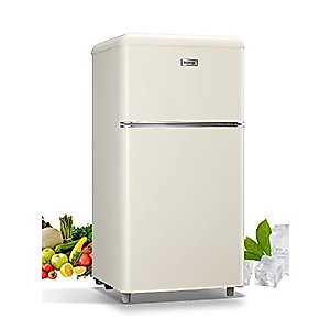 WANAI Compact Refrigerator 3.2 Cu.Ft Retro Cream Fridge With Freezer 2 Door Mini Refrigerator with 7 TEMP Modes, Removable Shelves, LED Lights, Ideal for Apartment Dorm and Office, Cream