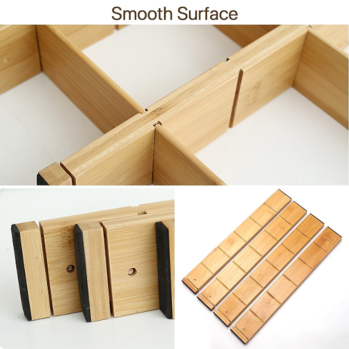 SUEIANNMN 4PCS Expandable Drawer Dividers Set with 12 Inserts Kitchen Drawer Organiser, Bamboo Customisable Cutlery Organiser Desk Drawer Organizer Clothes Drawer Organisation (17-22in)