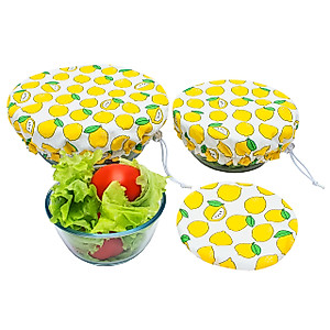 Handmade Reusable Cotton Fabric Bowl Covers - Two Layers of Fabric (Set of 3, Lemon)