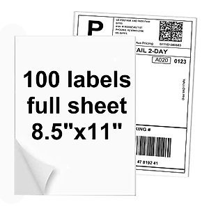 NefLaca 100 Full Sheets Sticker Paper for Laser & Ink Jet Printers, 8.5" x 11" Full Sheet Address Shipping Label, 100 Sheets 100 Labels