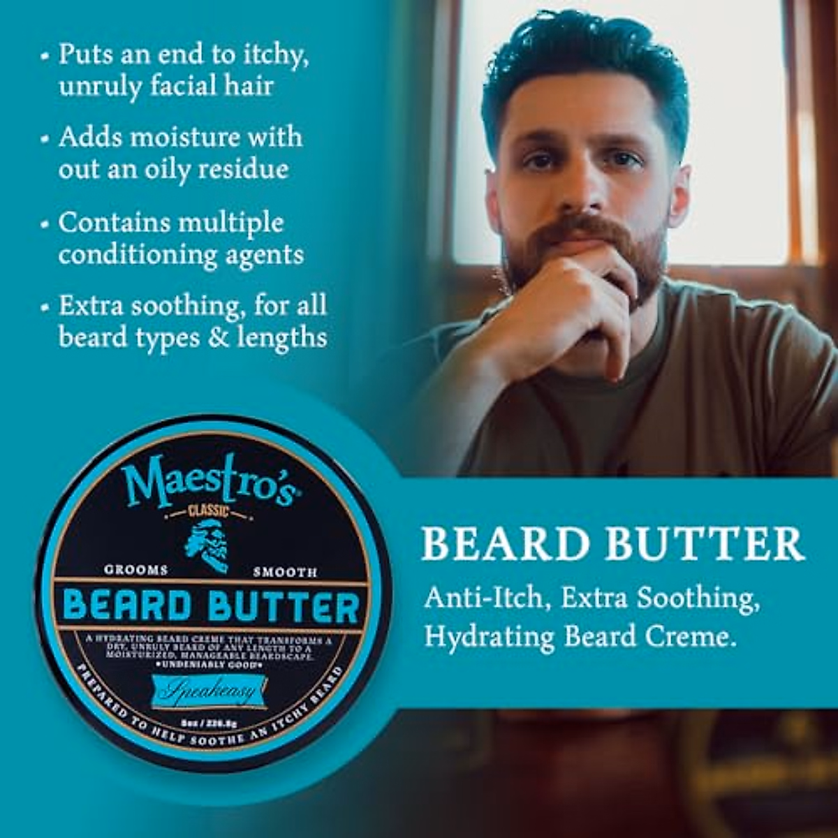 Maestro's Classic BEARD BUTTER | Anti-Itch, Extra Soothing, Hydrating Beard Creme For All Beard Types & Lengths- Speakeasy Blend, 4 Ounce