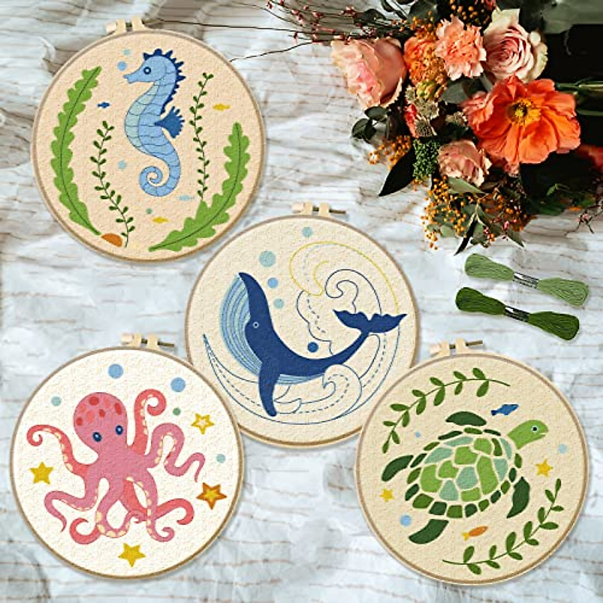 INFUNLY 4 Sets Embroidery Kit for Beginners with Sea Animals Pattern DIY Embroidery Kit for Adults Ocean Embroidery Art Kit Cross Stitch Kit for Adults with Plastic Embroidery Hoops Threads Needles
