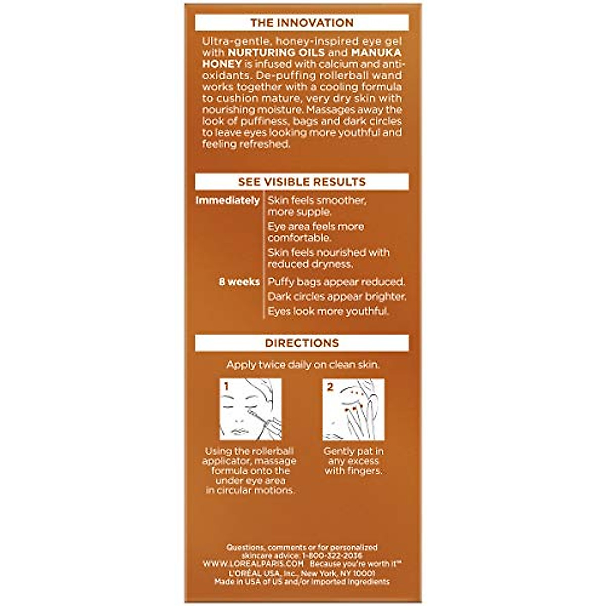 L'Oreal Paris Skincare Age Perfect Hydra Nutrition Eye Gel with Manuka Honey and Nurturing Oils, Eye Treatment Gel for Dry Skin, de-puffing rollerballs to Reduce Puffy Eyes, Paraben Free, 0.5 fl. oz.