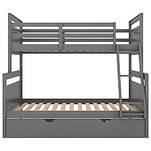 Twin Over Full Bunk Bed with Trundle Bed, Wood Bunk Bed Twin Over Full with Safety Guardrail and Ladder, Convertible to 3 Separated Beds, Perfect for Kids, Adults, Teens Bedroom Furniture (Grey)
