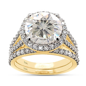 SAVEARTH DIAMONDS Split Shank Design, 4 1/2 cttw Center 10MM Round Cut Lab Created Moissanite Diamond Halo Bridal Set Ring 10K Solid Yellow Gold (VVS1 Clarity, 4.50 Cttw)-7.5