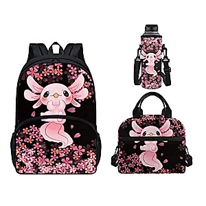 Aoopistc Axolotl & Cherry Blossom School Backpack Set, Bookbag Student Book Bag Travel Daypack with Lunch Box & Water Bottle Bag for Girls