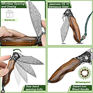 Minowe Handmade Damascus Steel Folding Pocket Knife， with 3.7in Sharp Blade，Men's Folding Knife, Liner Lock，Desert Ironwood Handle，with Leather Sheath, Home Outdoor EDC Knife, Camping Gift Knifeife