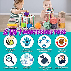 4 in 1 Baby Toys 6to12-18 Months, Pull String Baby Teething Toys, Stacking Building Blocks Infant Toys 3-6-9-12 M+, Color Shape Bin Sensory Toys, Montessori Toys for 1-3 Year Old Boy and Girl Gift