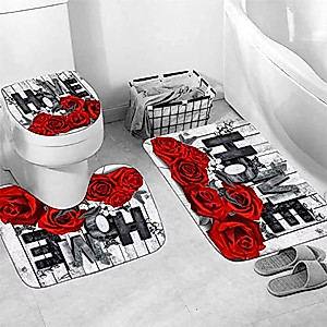 Yddsky Red Rose 4 Pcs Shower Curtain Sets Non-Slip Rugs Bath Mat Toilet Cover U Shaped Mat Black Red Shower Curtain with 12 Hooks Red Rose Valentine's Day Bathroom Set