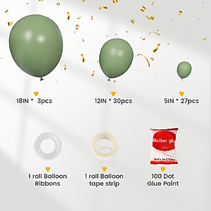 Sage Green Balloons,GAGAKU 60 pcs 5/12/18 Inch Latex Party Balloons Garland Arch Kit,Different Sizes Olive Green Balloons, Eucalyptus Green Balloon for Graduation Baby Shower Wedding
