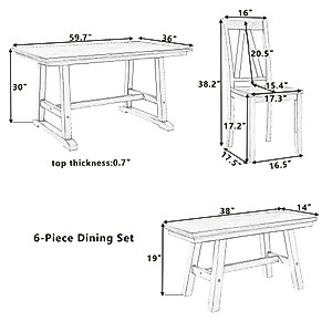 GLORHOME 6-Piece Farmhouse Style Wood Kitchen Table Set with Long Bench and 4 Dining Chairs,Walnut+White