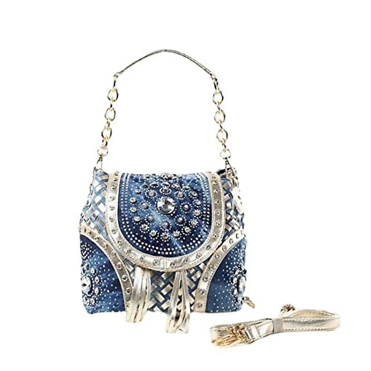 Alice Fan Denim Bag Jeans Tote Bag Fashion Women Handbag Multifunctional Backpack Shoulder Bag with Diamond and Tassel (Gold)