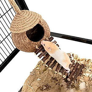 andwe Coconut Bird Nest Hut with Ladder for Parrots Parakeet Conures Cockatiel - Small Animals House Pet Cage Habitats Decor