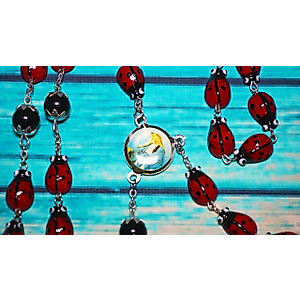 col-p Catholic Steel Rosary Ceramic Ladybug Devotional 29" inch long centerpiece Lady of Grace Sanctified Papal Crucifix Zinc Alloy