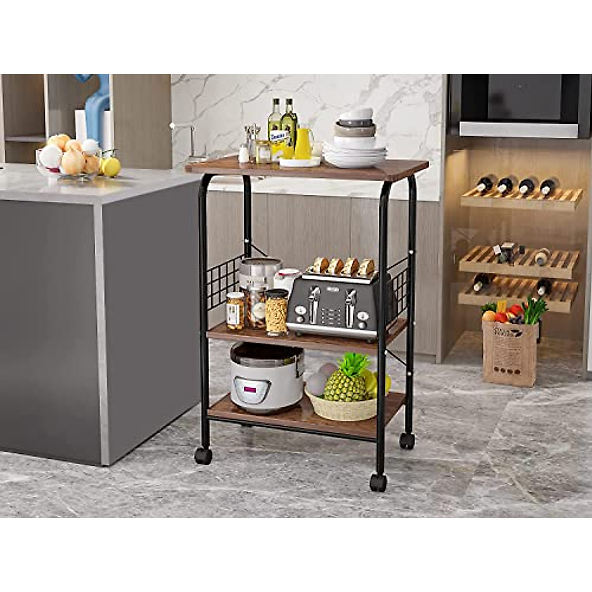 Kitchen Storage Shelf Rack Bathroom Shelf, 3-Tier DIY Storage Rack Multipurpose Shelf with Casters, for Kitchen, Living Room, Bathroom, Balcony, Rustic Look, Metal Wooden Combination (3-Shelf)