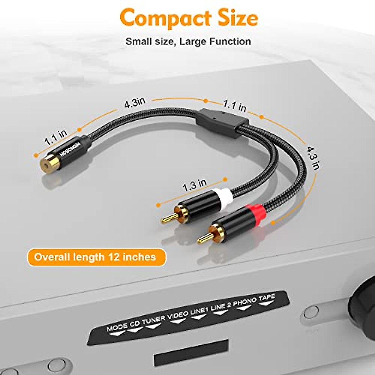 HOSONGIN 1ft RCA Splitter 1 Female to 2 Male Y Adapter 2 Pack, Short RCA Audio Speaker Splitter Cable, Double Shielding Black Nylon Braided Cable - Gold-Plated Plug - Length 12 Inch