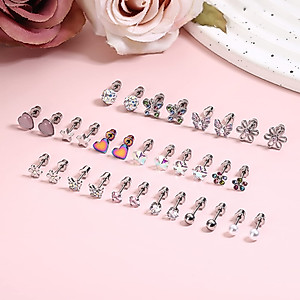 LOYALLOOK 16Pairs Screwback Earrings for Women Pearl CZ Ball Heart Tiny Small Studs Earring Cute Butterfly Flower Stainless Steel Multicolor Screw Back Stud Earrings