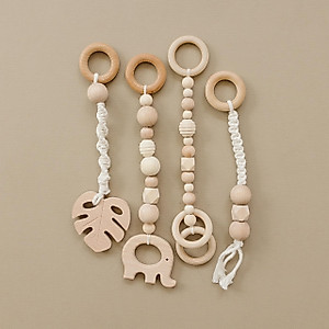 Poppyseed Play Wooden Baby Play Gym, Foldable Frame w/Hanging Bar, Tied Cotton Cord & Wooden Toys, Gender Neutral Baby Activity Set, Easy to Assemble (White Wood, Macrame Toys)