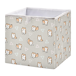 Seamless Cute Cartoon Shiba Inu Dogs Geometric Triangles on Warm Grey Square Storage Basket Bin, Collapsible Storage Box, Foldable Nursery Baskets Organizer for Toy, Clothes Easy to Assemble