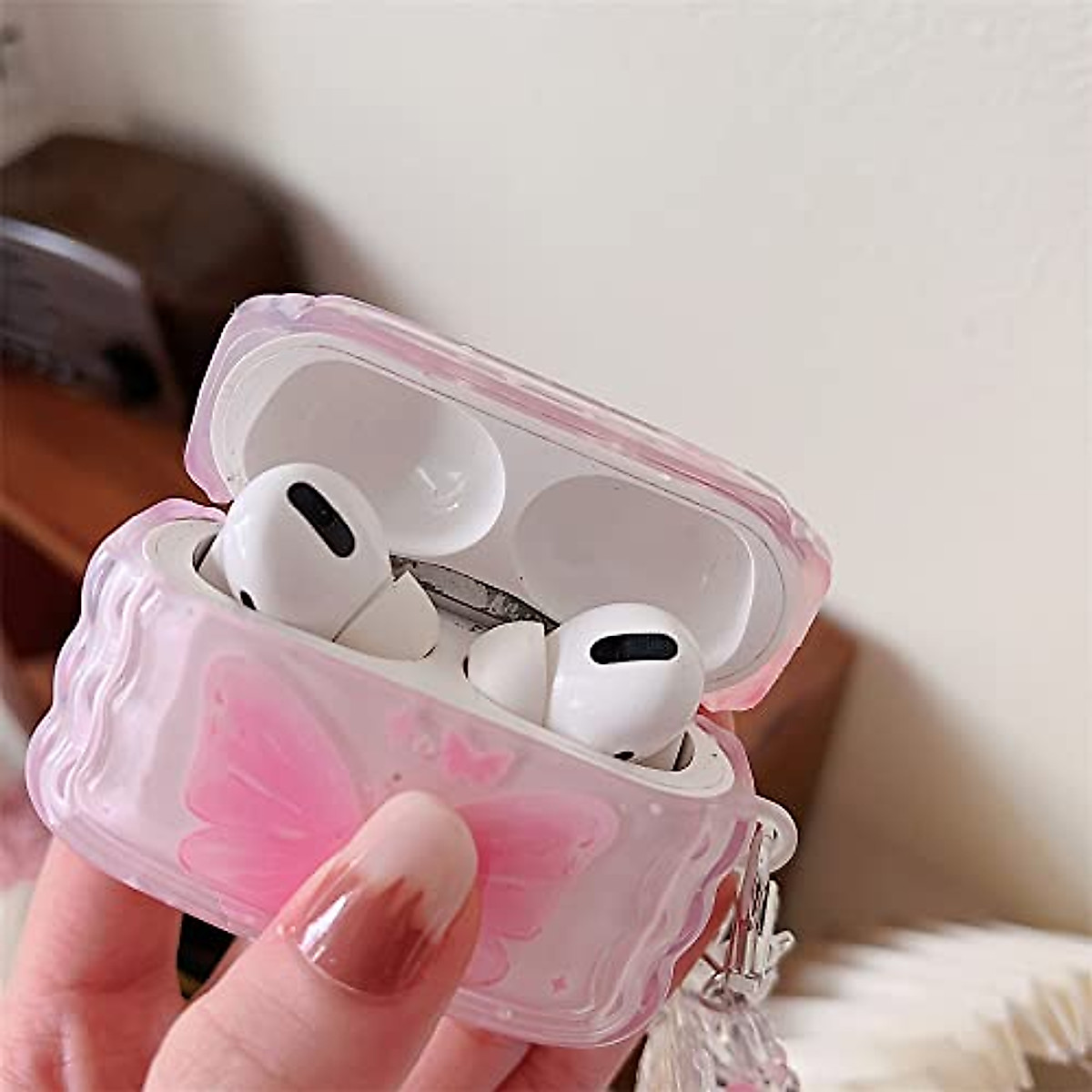 MINSCOSE Cute Airpod Pro Clear Case,Cute Graffiti Butterfly Pattern Design with Pretty Pink Flower Crystal Keychain Soft TPU Smooth Shockproof Compatible with Airpods Pro Charging Case for Girls Women