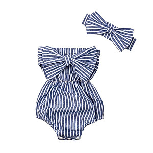 Newborn Kids Baby Girls Clothes Floral Jumpsuit Romper Playsuit + Headband Outfits (Blue Striped, 0-6 Months)
