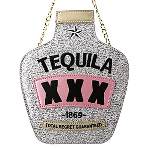 QiMing Tequila Bottle Shaped Laser Shoulder Handbags,Pu Crossbody Purse for women(Silver B)