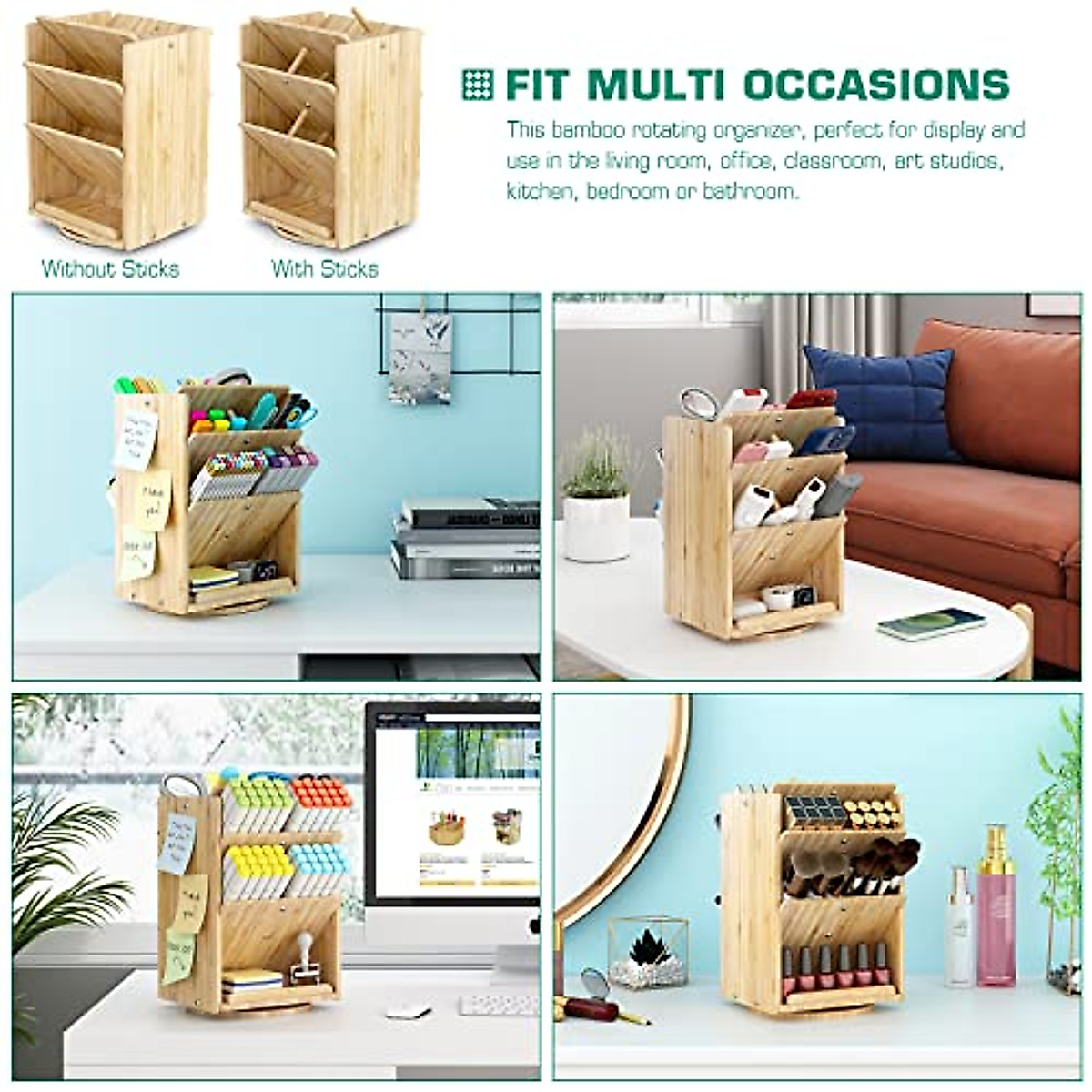 DF DARFOO Bamboo Desk Organizer Storage Accessories - Ultra-large 13 compartments, 1000+ Pencil Holder Capacity, Easy DIY Assembly, Rotating Desktop Organizer, Cosmetics, and Office Supplies