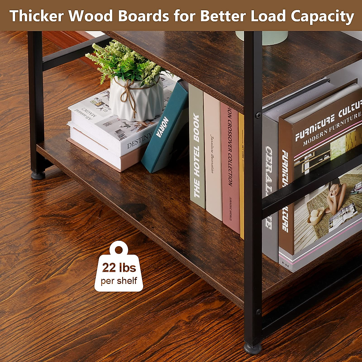 Haton Bookshelf, 5 Tier Industrial Rustic Wood Bookcase, Modern Standing Metal Frame Book Shelf for Living Room, Bedroom and Office, 5-Shelf, Brown/Black