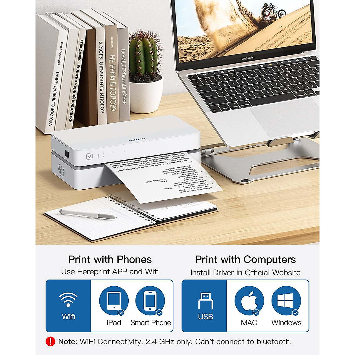 Thermal Printer, 2.4 GHz WiFi Inkless Printer Supports 8.5" x 11" US Letter Size Thermal Paper, Auto Cutting, Wireless Printer Support Android, iOS & Laptop, Compact Printer for Home Use, Office