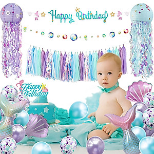 Mermaid Birthday Party Decorations Supplies Banner Tassel Garland Bubble Garland Hanging Jelly Fish Paper Lanterns Balloons Cake Topper Mermaid Happy Birthday Decorations for Kids Girls Women