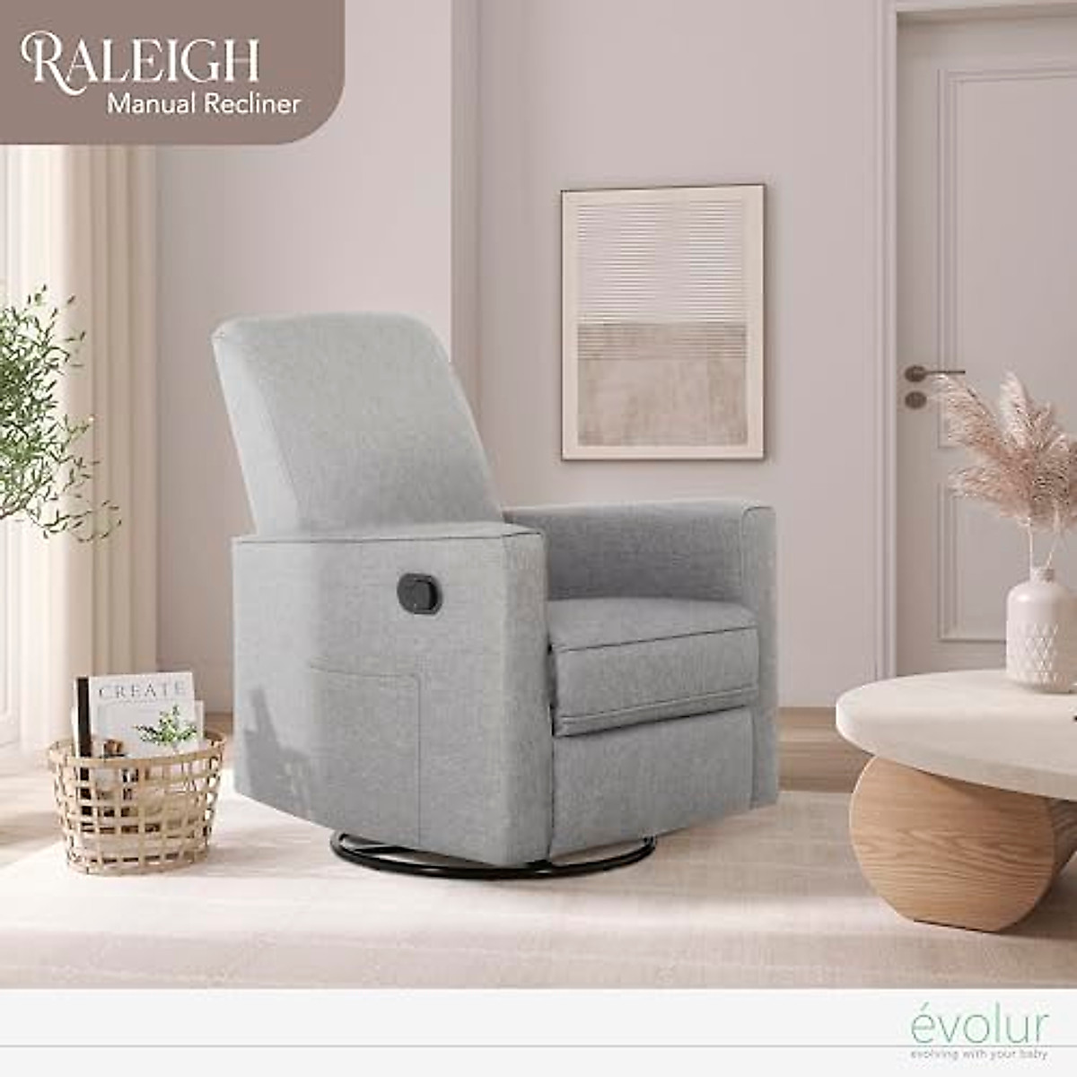 Evolur Raleigh Glider in Light Grey, Upholstered Plush Seating 360° Swivel Glider Rocking Chair, FSC Certified, Greenguard Gold & JPMA Certified Nursery Glider Recliner