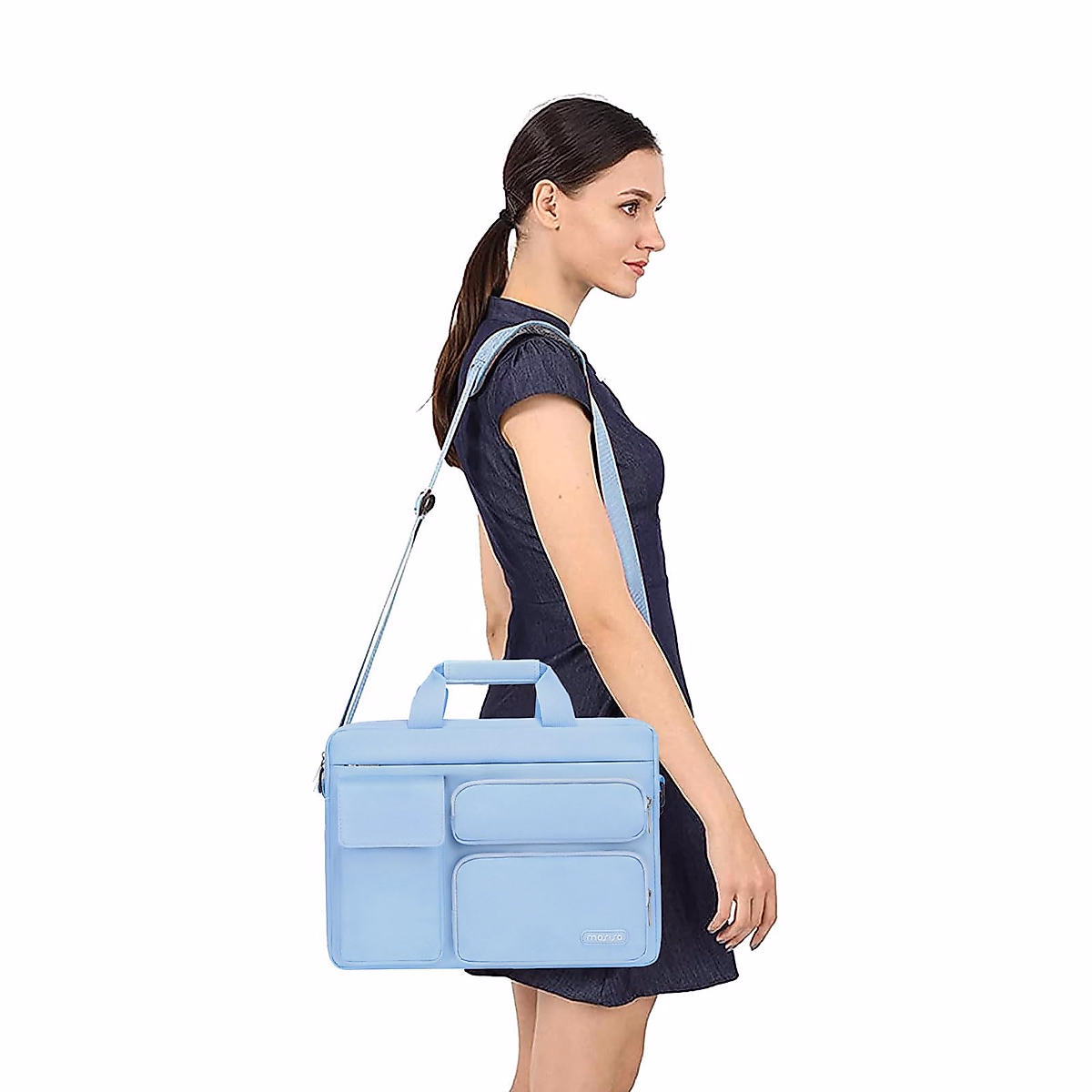MOSISO Laptop Shoulder Bag Compatible with MacBook Air 15 M3 M2 2024 2023/Pro 16 inch M4 M3 M2 M1,15-15.6 inch Notebook with 2 Raised&1 Flapover&1 Horizontal Pocket&Handle&Belt, Airy Blue