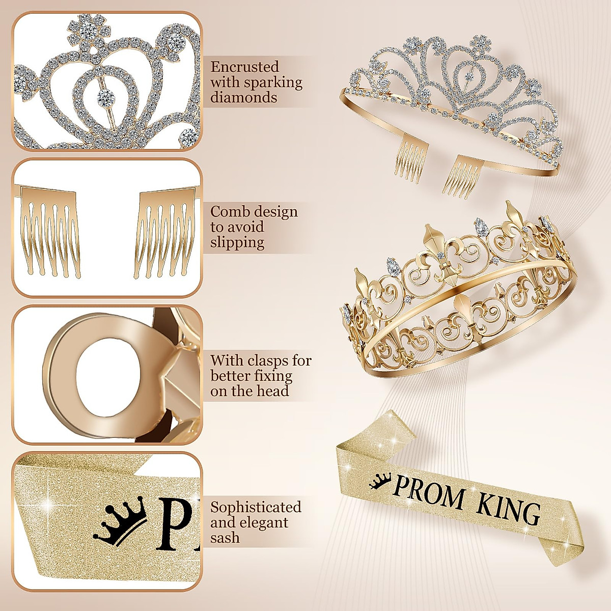 SilTriangle 18 Pcs Prom Costume Headwear Set - Shiny Satin Crowns & Sash for King, Queen, Prince, Princess, and Prom Court - Elegant Accessories for Graduation, Cosplay, Party