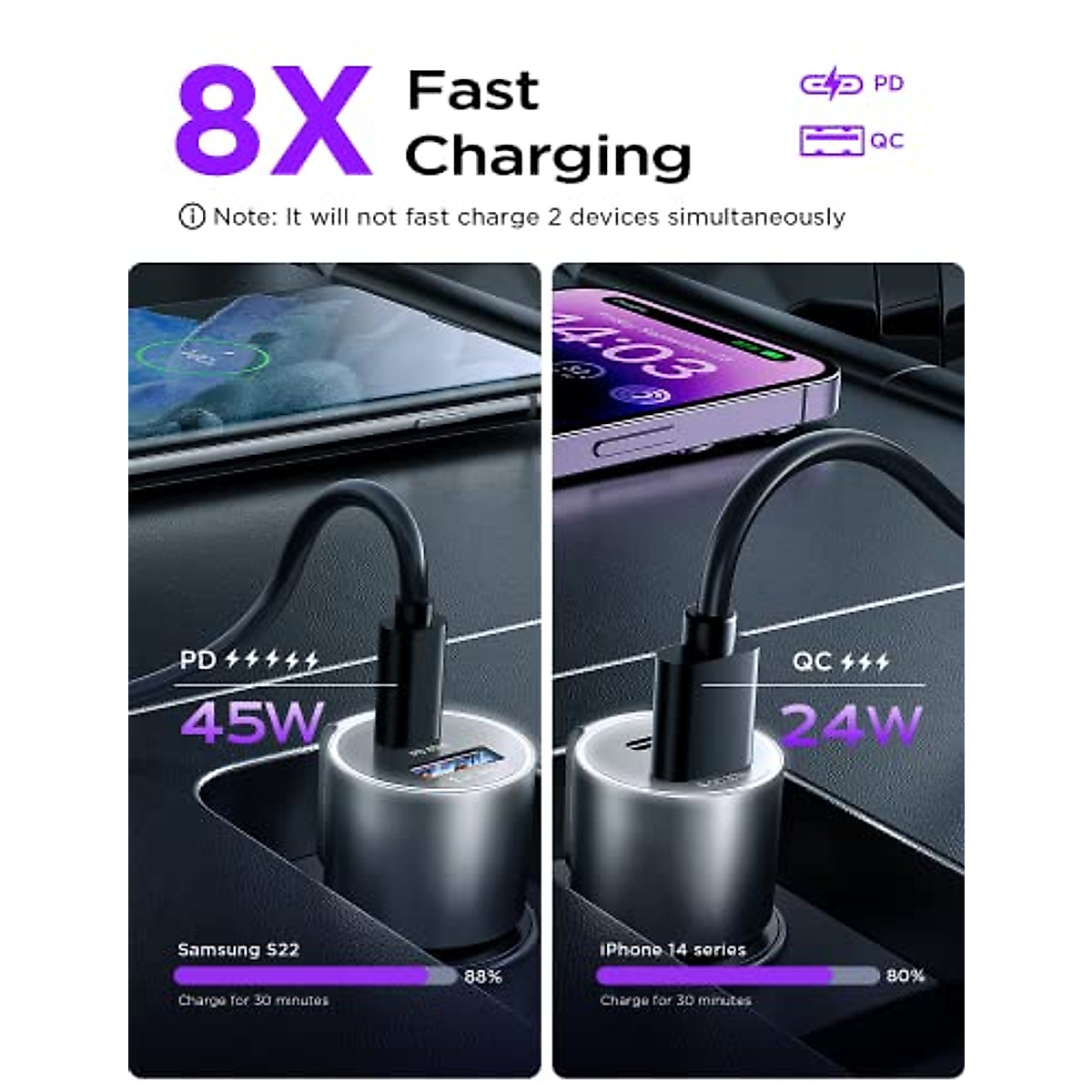 LISEN PD45W&QC24W USB C Car Charger Samsung Car Charger, 3 in 1 Super Fast Charging Adapter